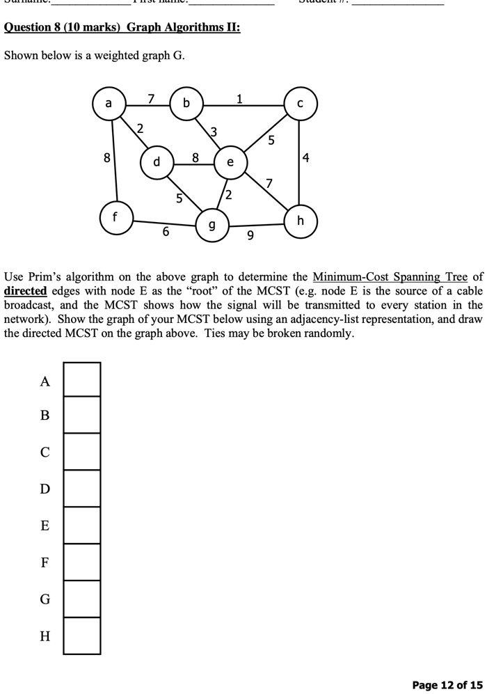 Solved Question 8 40 Marks Graph Algorithms Ii Shown Below Is A Weighted Graph G Use Prim