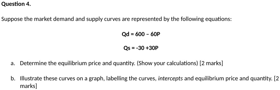 SOLVED: 'Question 4. Suppose the market demand and supply curves are ...