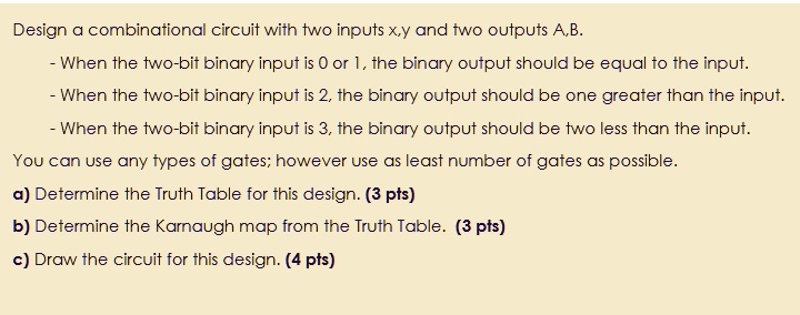 Solved Design A Combinational Circuit With Two Inputs Xy And Two Outputs Ab When The Two Bit