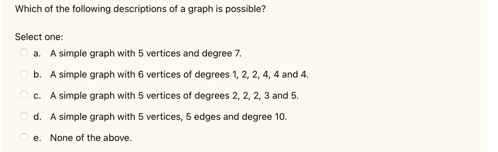 SOLVED: Which of the following descriptions of a graph is possible? Select one: A simple graph ...