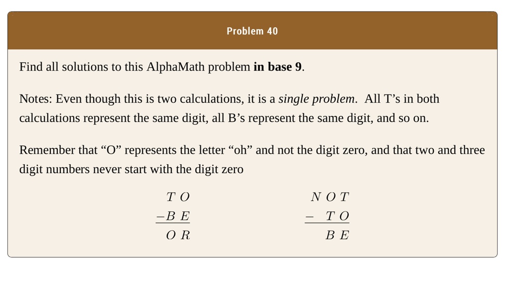 problem 40 find all solutions to this alphamath problem in base 9 notes ...