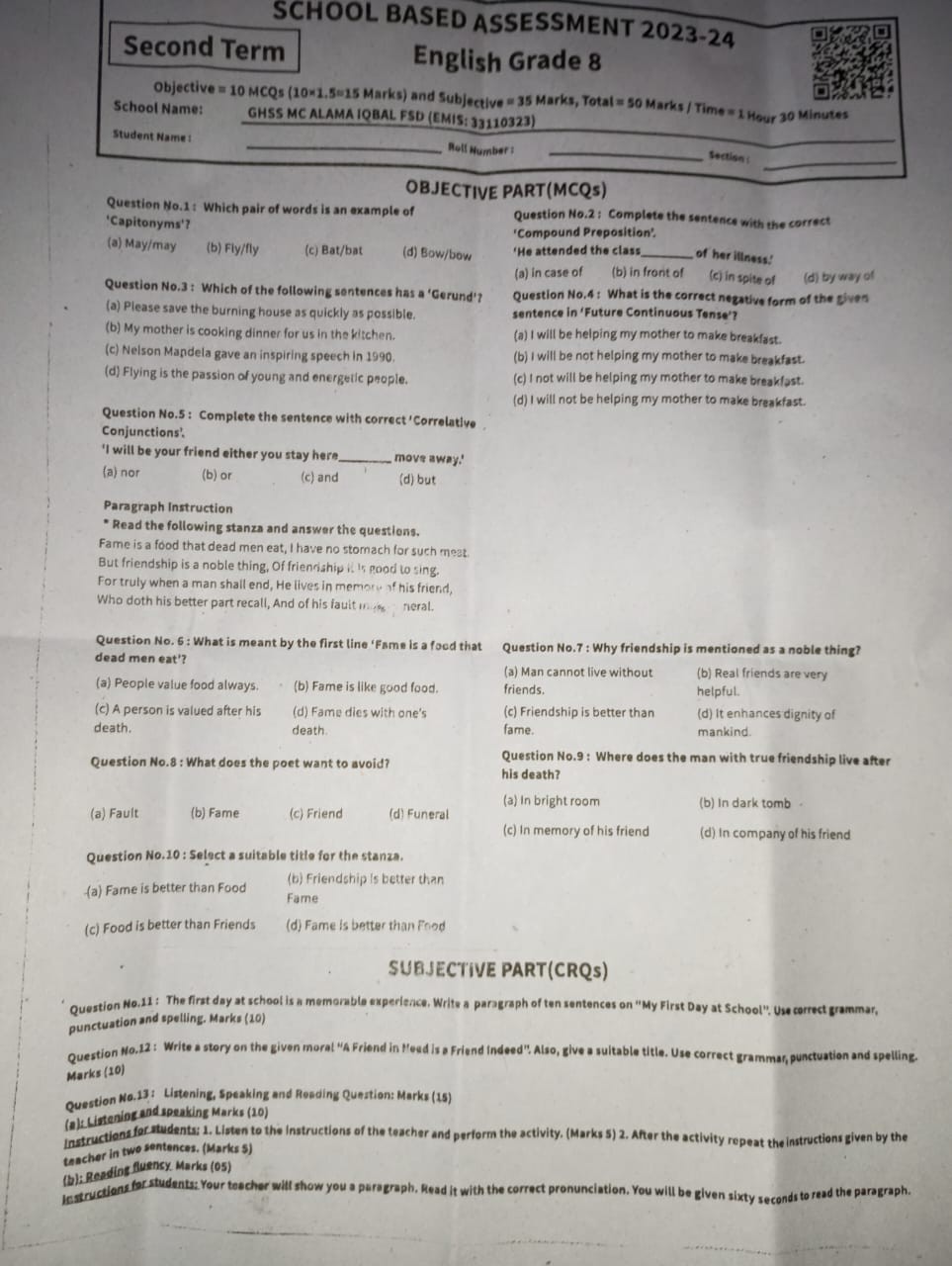 SOLVED: SCHOOL BASED ASSESSMENT 2023-24 Second Term English Grade 8 ...
