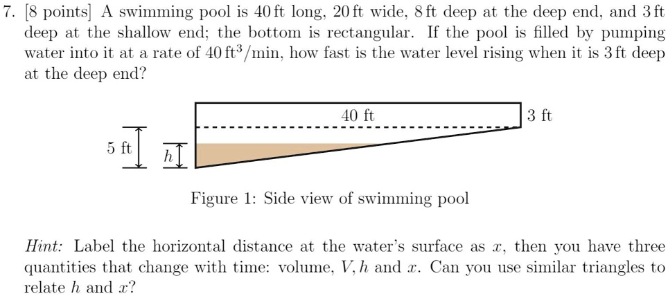 SOLVED: A swimming pool is 40 ft long and 20 ft wide. It is 8 ft deep ...