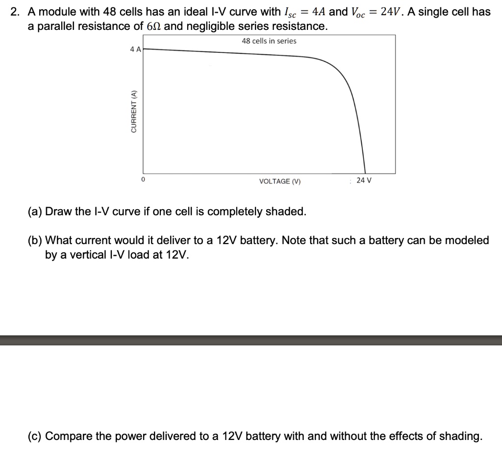 2 a module with 48 cells has an ideal i v curve with isc 4a and voc 24v ...