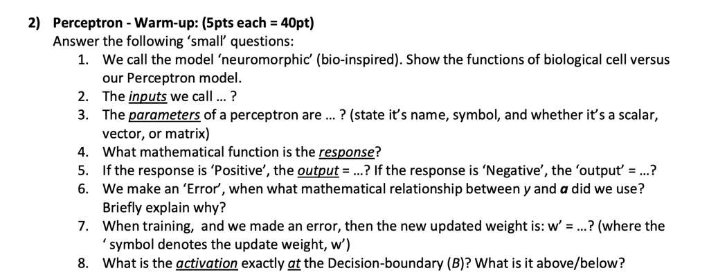 2 perceptron warm up spts each 4opt answer the following small ...