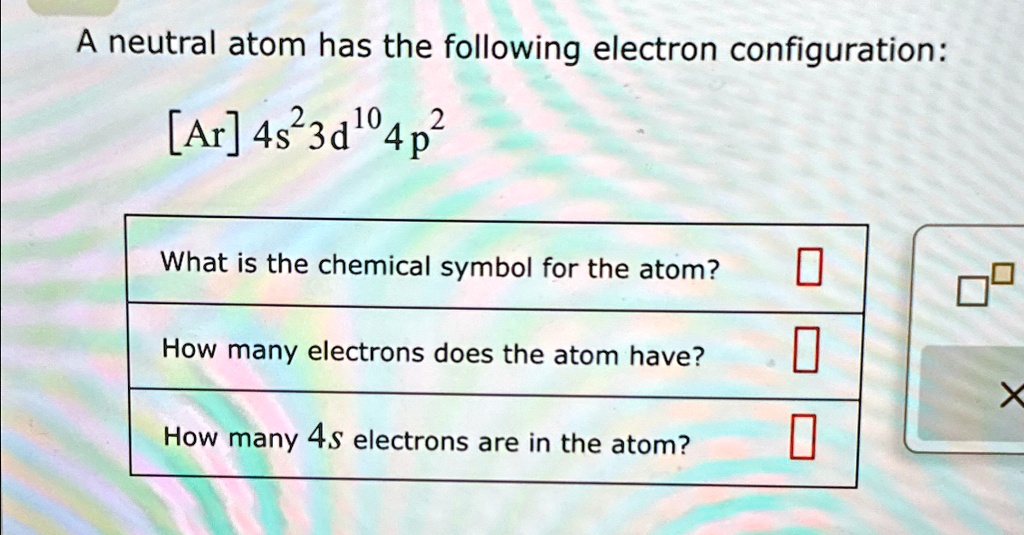 A neutral atom has the following electron configuration: [Ar]4s^(2)3d ...