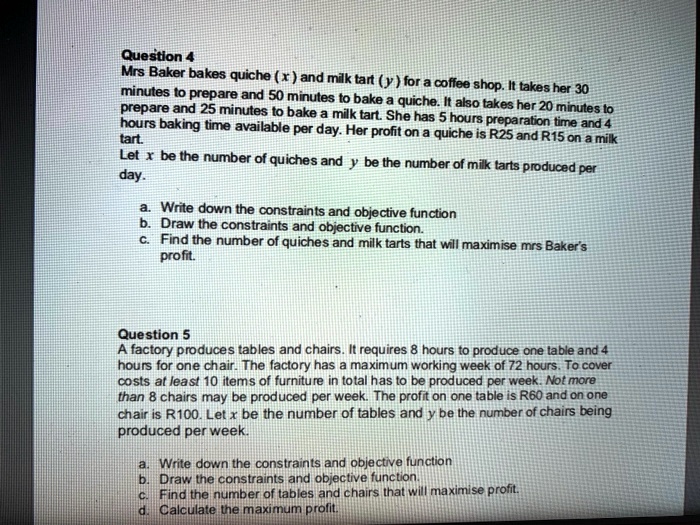 question mrs baker bakes quiche x and mik tart minutes y for a coffee ...
