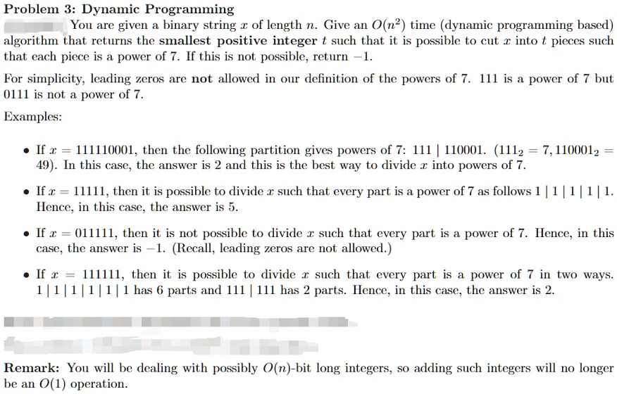 Solved Problem 3 Dynamic Programming You Are Given A Binary String X Of Length N Give An On2