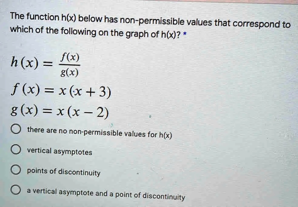 SOLVED: The function h(x) below has non-permissible values that correspond to which of the ...