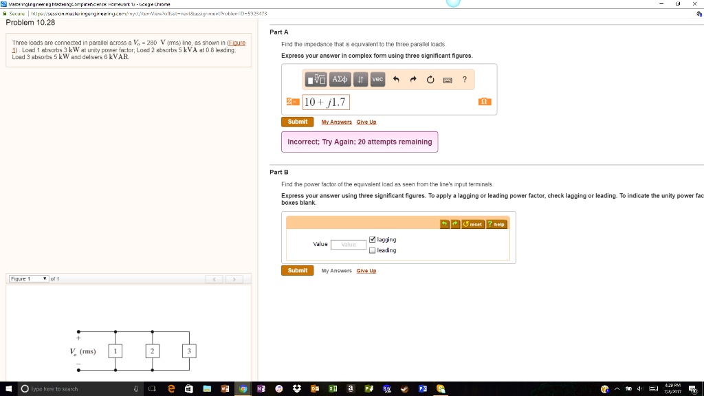 SOLVED: Three loads are connected in parallel across a Vo=280 V (rms) line, as shown in Figure 1 ...
