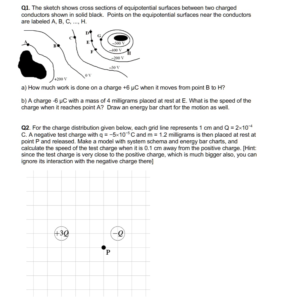q1 the sketch shows cross sections of equipotential surfaces between two charged conductors ...