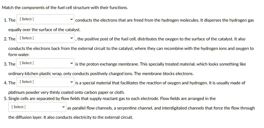 [GET ANSWER] Match the components of the fuel cell structure with their ...
