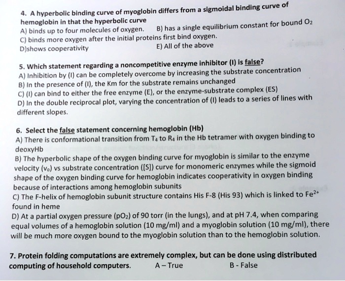 4. A hyperbolic binding curve of myoglobin differs from a sigmoidal ...