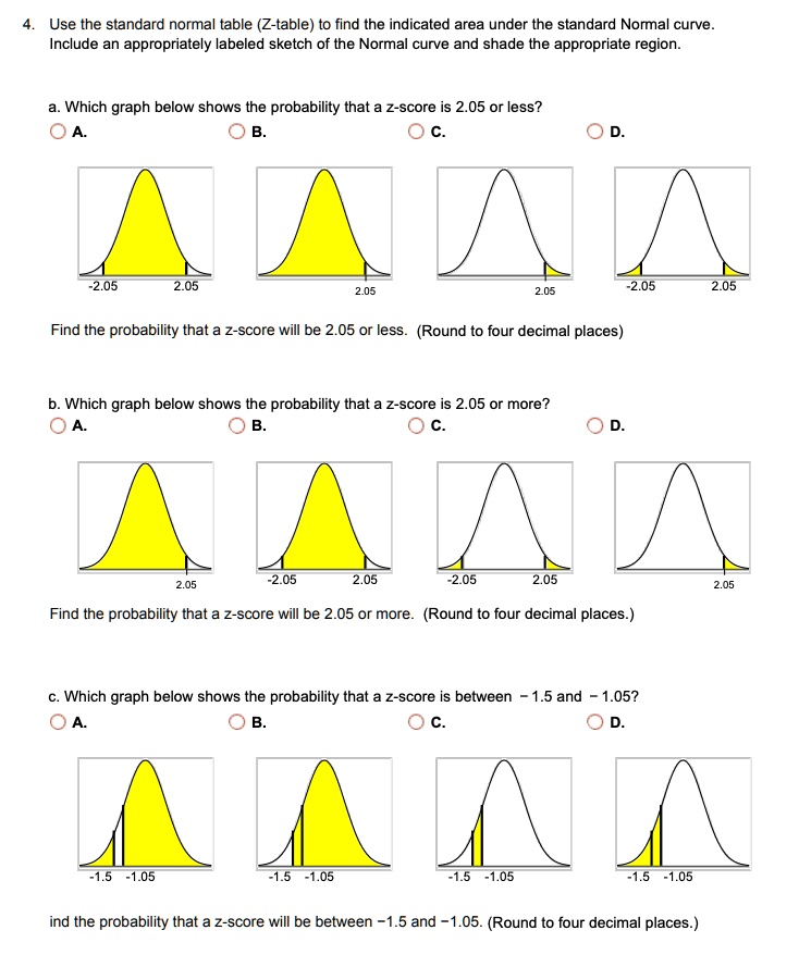 SOLVED: Use the standard normal table (Z-table) to find the indicated ...