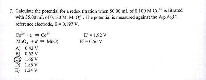 calculate the potential for redox titration when 5000 ml of 0100 m co ...