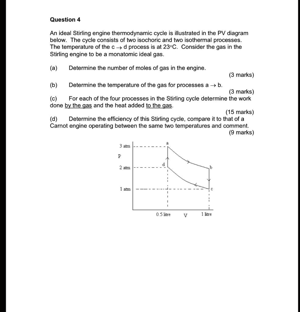 SOLVED: Question 4 An ideal Stirling engine thermodynamic cycle is illustrated in the PV diagram ...