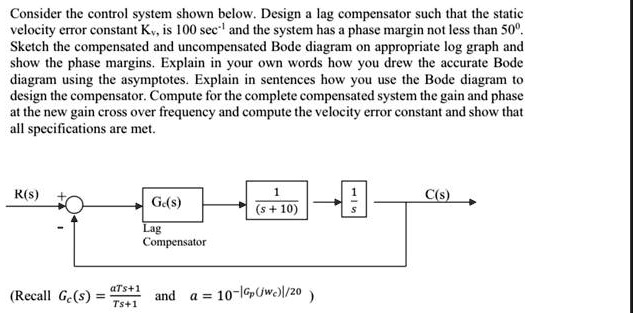 SOLVED: Consider the control system shown below. Design a lag compensator such that the static ...