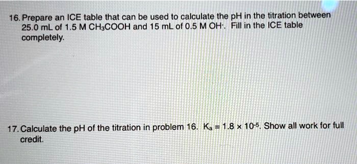 SOLVED: 16. Prepare an ICE table that can be used to calculate the pH ...