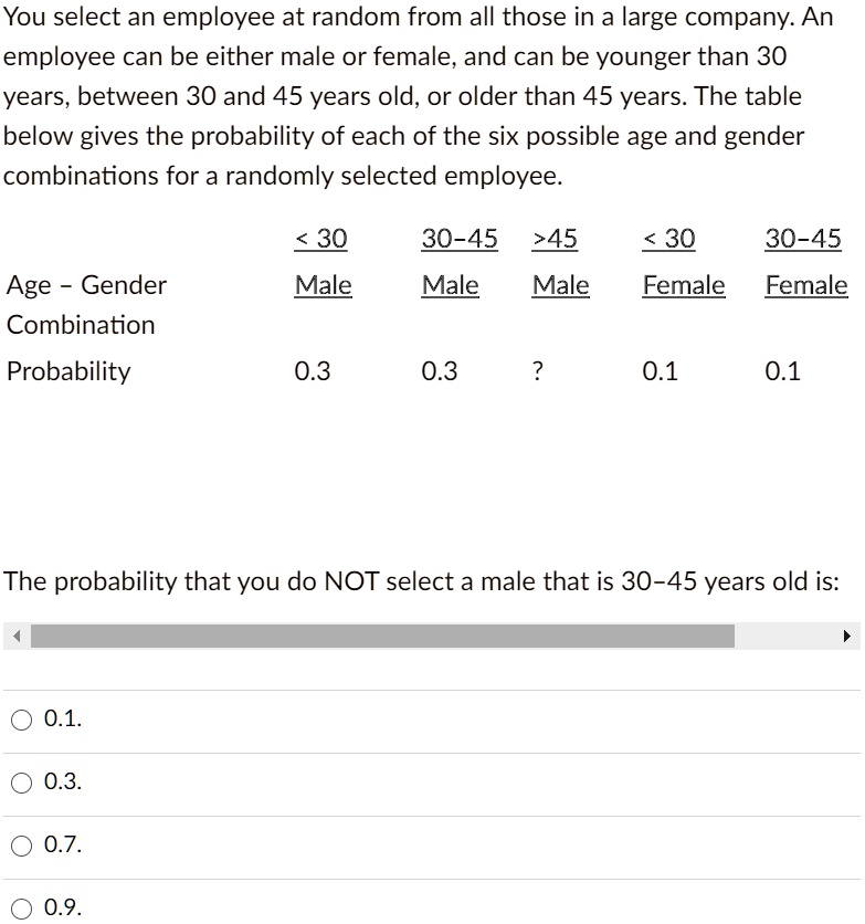 SOLVED: You select an employee at random from all those in a large company. An employee can be ...