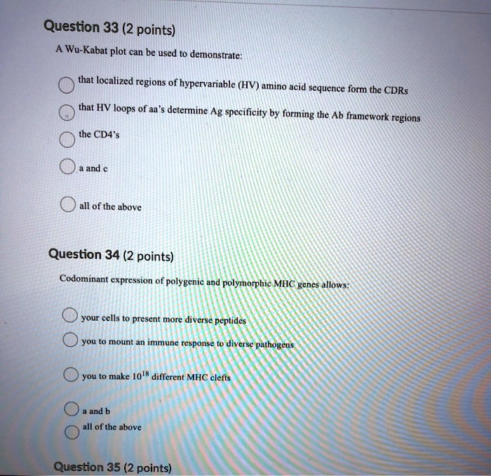 question 33 2 points wu kabat plot can be used to demonstrate that ... question 33 2 points wu kabat plot can be used to demonstrate that ...