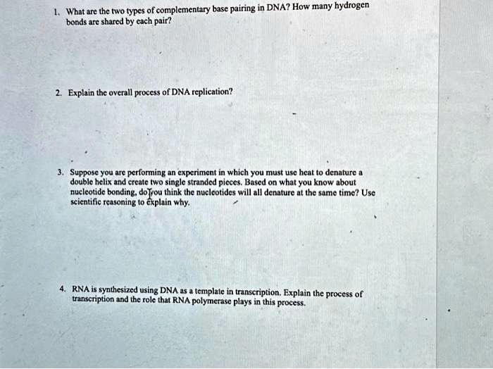 SOLVED: 1.What are the two types of complementary base pairing in DNA ...