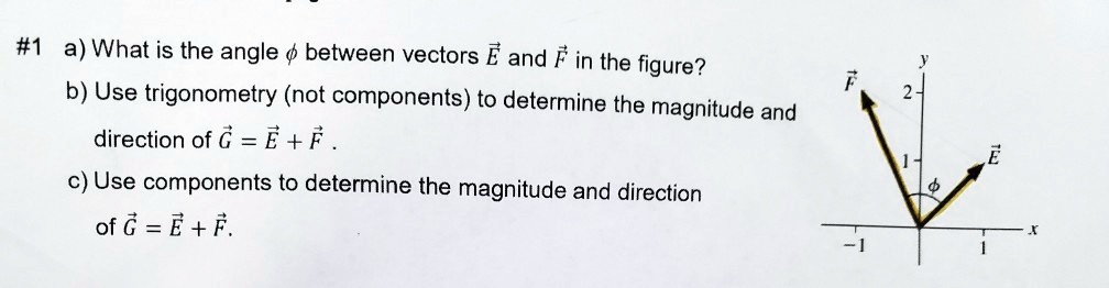 SOLVED: #1 a) What is the angle between vectors E and F in the figure? b) Use trigonometry (not ...