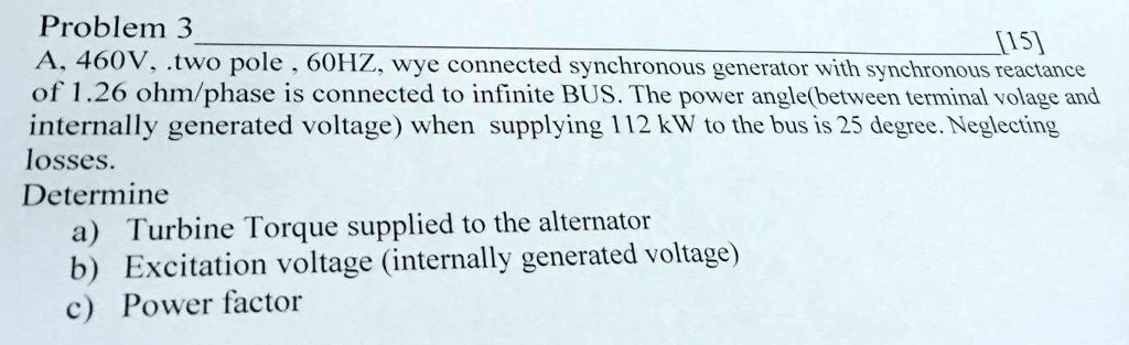 SOLVED: Problem 3 [15] A 460V two-pole, 60Hz, wye-connected synchronous generator with ...