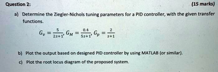 SOLVED: Question 2: (15 marks) a) Determine the Ziegler-Nichols tuning parameters for a PID ...
