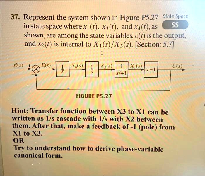 SOLVED: 37. Represent the system shown in Figure P5.27 in state space ...
