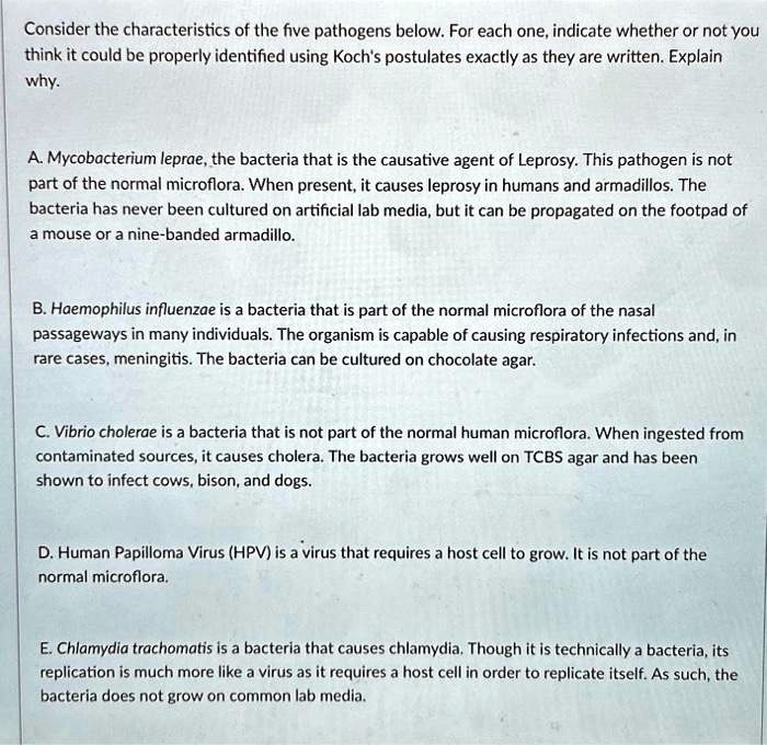 Consider the characteristics of the five pathogens below. For each one ...