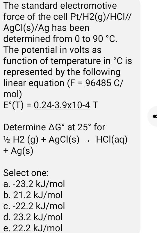 SOLVED: The standard electromotive force of the cell Pt/H2(g)/HCl/AgCl ...