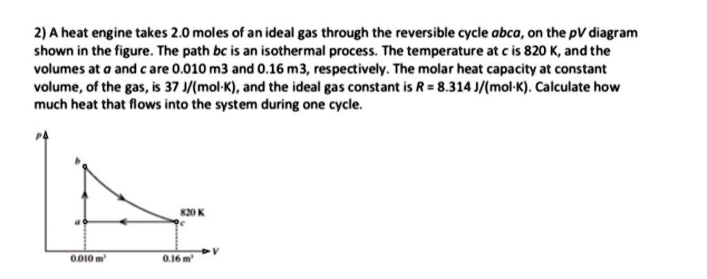 2) A heat engine takes 2.0 moles of an ideal gas through the reversible ...