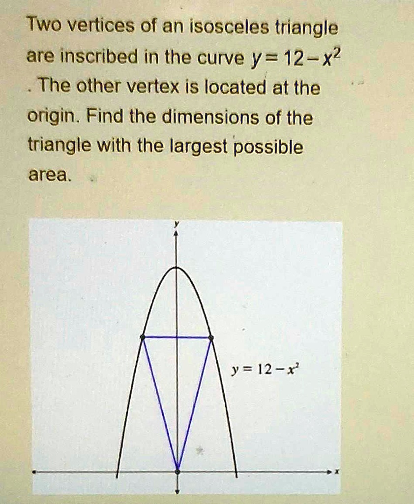 Two vertices of an isosceles triangle are inscribed in the curve y = 12 - x^2. The other vertex ...