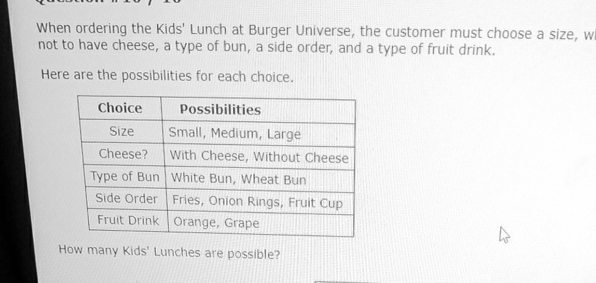 When ordering the Kids' Lunch at Burger Universe, the customer must ...