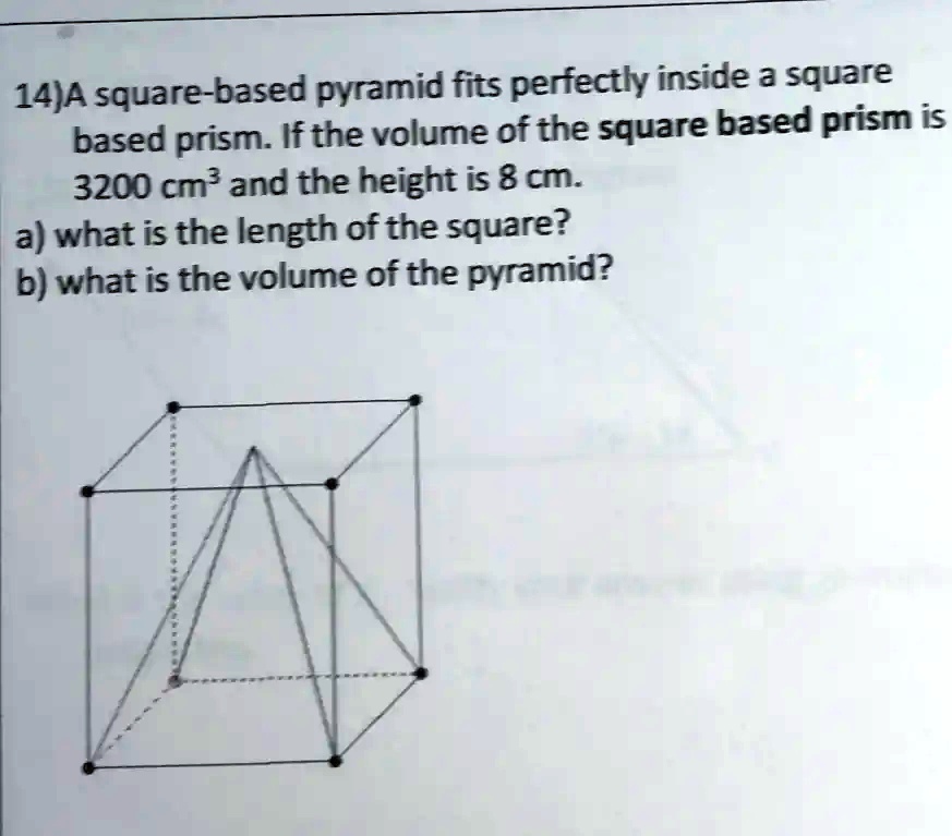 SOLVED: A square-based pyramid fits perfectly inside a square-based prism. If the volume of the ...