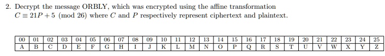 SOLVED: 2. Decrypt the message ORBLY which was encrypted using the affine transformation C = 21P ...