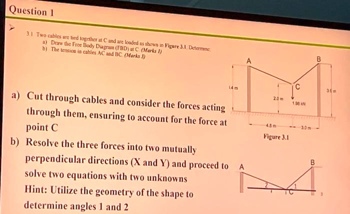 SOLVED: Texts: Question 1 3.1 Two cables are tied together at C and are loaded as shown in ...