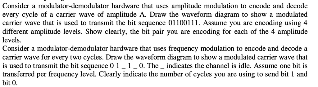 SOLVED: Consider a modulator-demodulator hardware that uses amplitude ...
