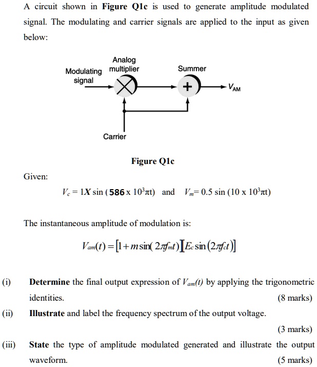 SOLVED: A circuit shown in Figure Qlc is used to generate amplitude modulated signal. The ...