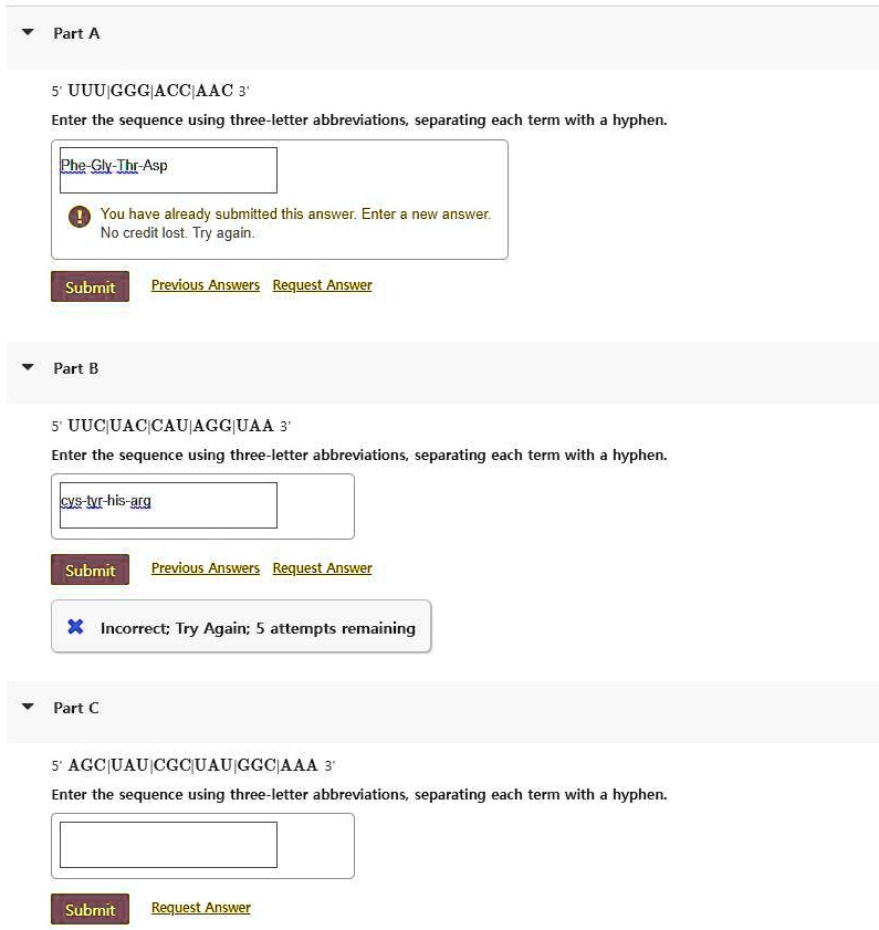 Part A 5' UUU GGG ACC AAC 3' Enter the sequence using three-letter ...