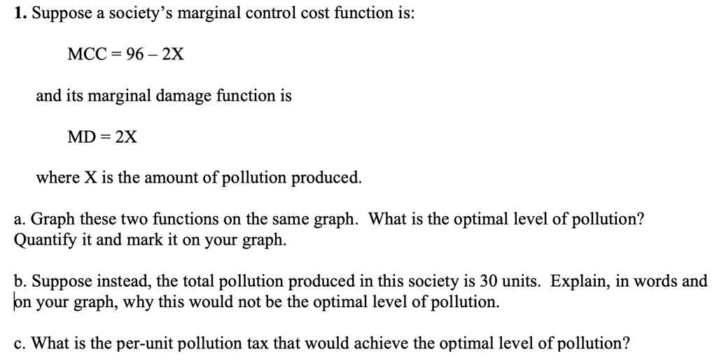 1. Suppose a society's marginal control cost function is: MCC = 96 - 2X ...