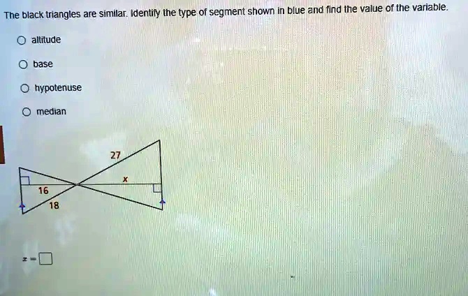 The black triangles are similar: Identify the type of segment shown in blue ad find the value of ...