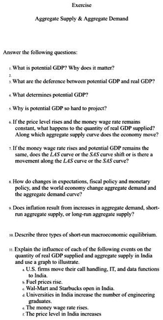 SOLVED: Exercise Aggregate Supply Aggregate Demand Answer the following ...