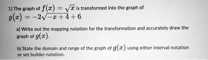 SOLVED: 1) The graph of f(z) Vz is transformed into the graph of g() = 2V-3+4+6 a) Write out the ...
