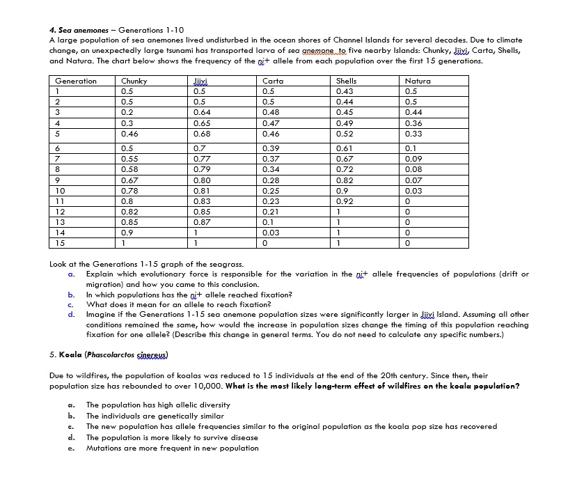 SOLVED: Sea anemones Generations 1-10 larce population of sea Dnemones ...