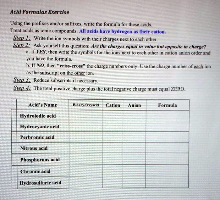 acid formulas exercise using the prefixes andor suflixes write the ...