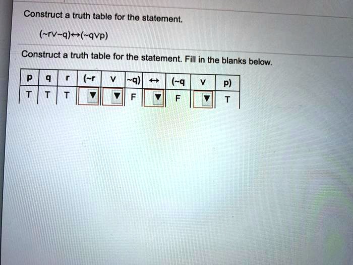 SOLVED:Construct a truth table for the statement: (~rV~9)+(~qvp) Construct a truth table for the ...