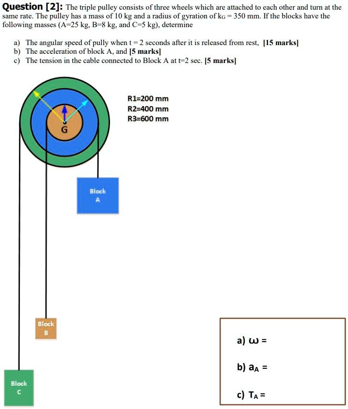 SOLVED: Question [2]: The triple pulley consists of three wheels which ...