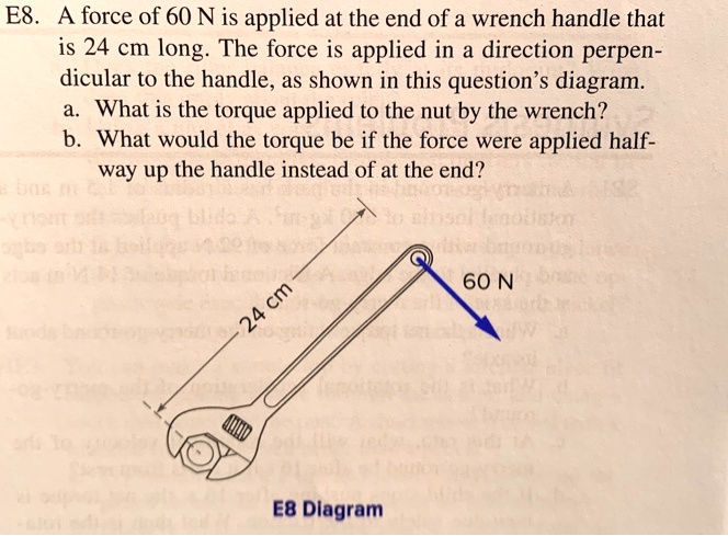 SOLVED: E8. A force of 60 N is applied at the end of a wrench handle that is 24 cm long. The ...