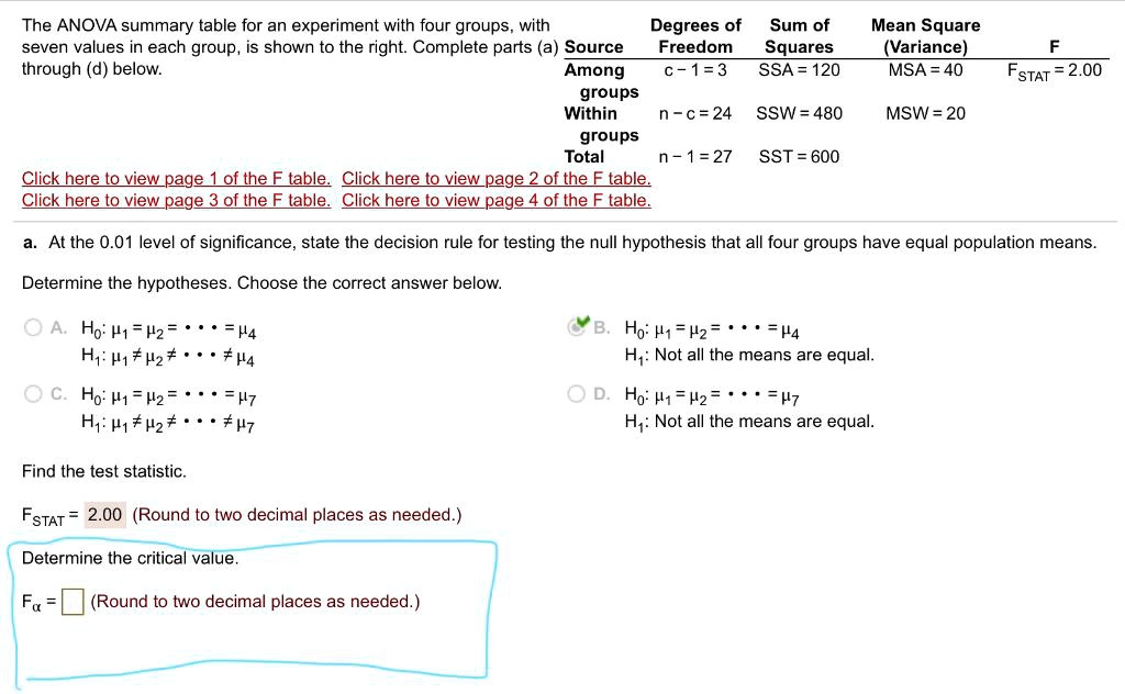 SOLVED: The ANOVA summary table for an experiment with four groups, with degrees of freedom, sum ...